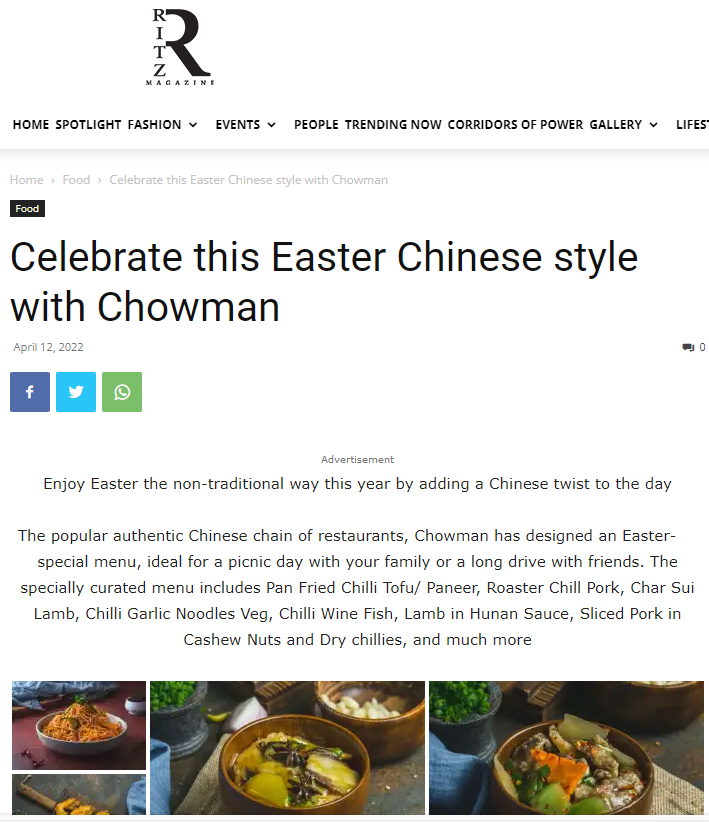 Media Coverage – Chowman, a reputed Chinese restaurant in Kolkata